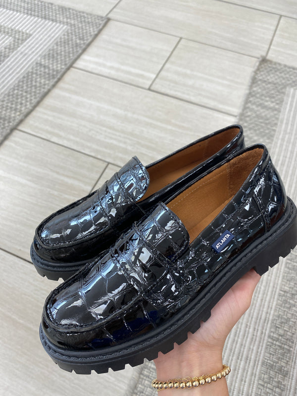 Atlanta Mocassin Black Patent Croc Chunky Penny Loafer - Tassel ...