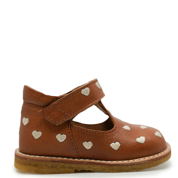 Angulus Cognac Heart T Strap Baby Shoe - Tassel Children Shoes