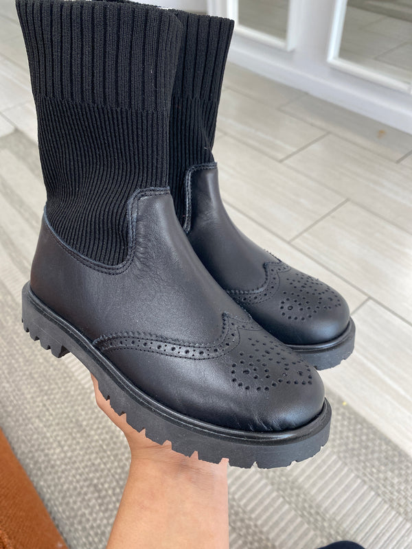Spain+Co Black Wingtip Sock Boot - Tassel Children Shoes